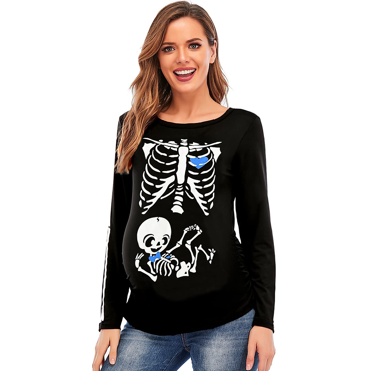 Women's Halloween Skeleton Baby Boy Maternity Shirt Skeleton Long Sleeve Pregnant Outfits Tops L