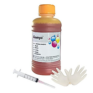 Aomya Yellow Ink Refill Kit 250ml Universal Dye Bulk Ink for Canon HP Epsn Brother Inkjet Printers Refillable Cartridge CISS CIS System (9 oz) with Syringe&Glove