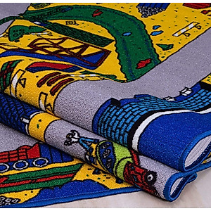 Champion Rugs Construction Vehicles Truck Toys Play Mat with Train Tracks, Mini Engineering Diecast Trucks Pull Back Cars, Toy Trucks for Toddlers, Kids (5 Feet X 7 Feet)