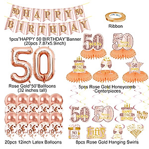 Crenics Rose Gold 50th Birthday Decorations for Women - Happy 50 Birthday Banner, Honeycomb Centerpieces, Hanging Swirls and Balloons for 50 Birthday Party Supplies