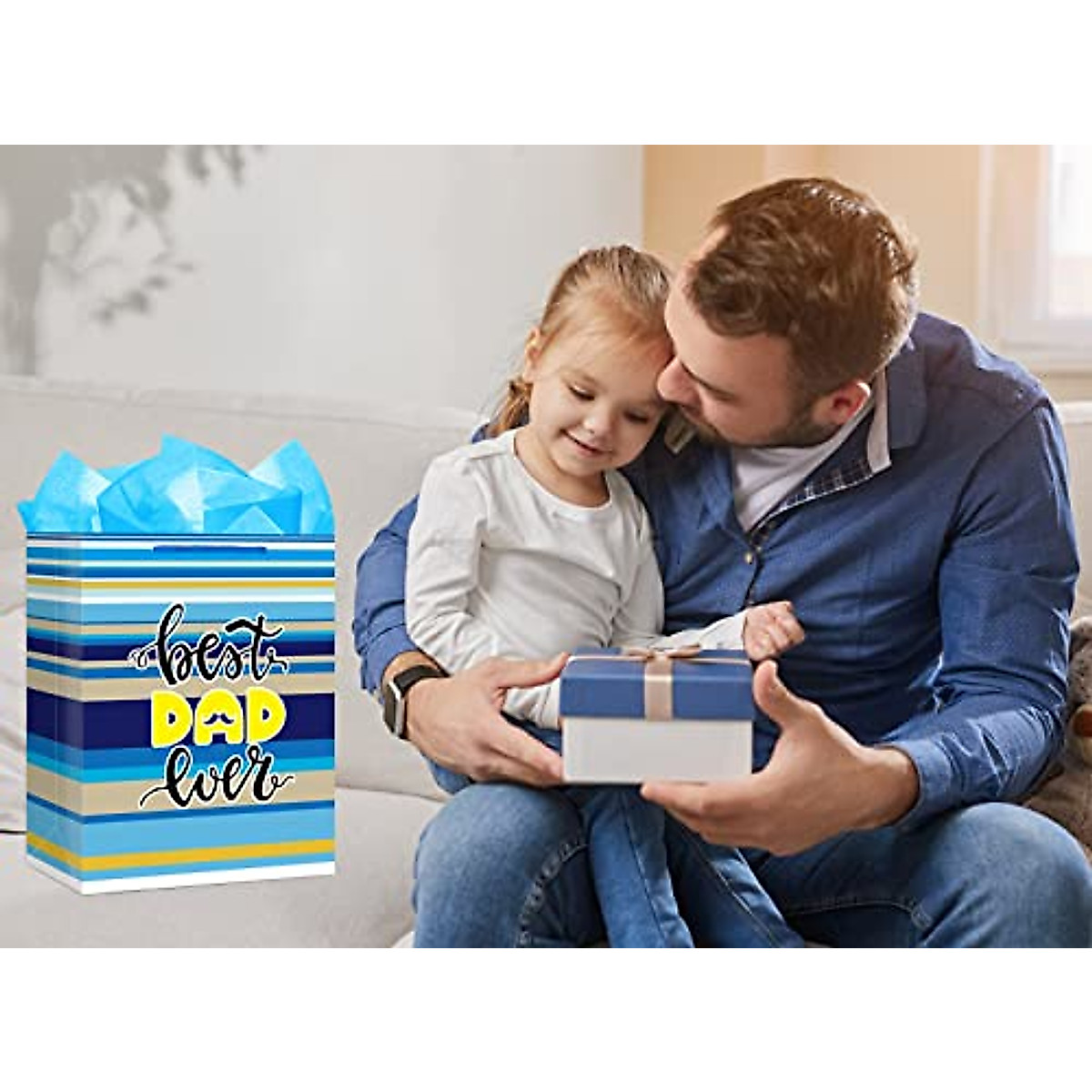 FaCraft Father's Day Gift Bag with Tissue Paper,13" Happy Fathers Day Wrapping Bag with Handle,Large Paper Gift Bag for Dad Father Men Grandpa Best Dad Ever Bags for Birthday Father's Day Party Favor