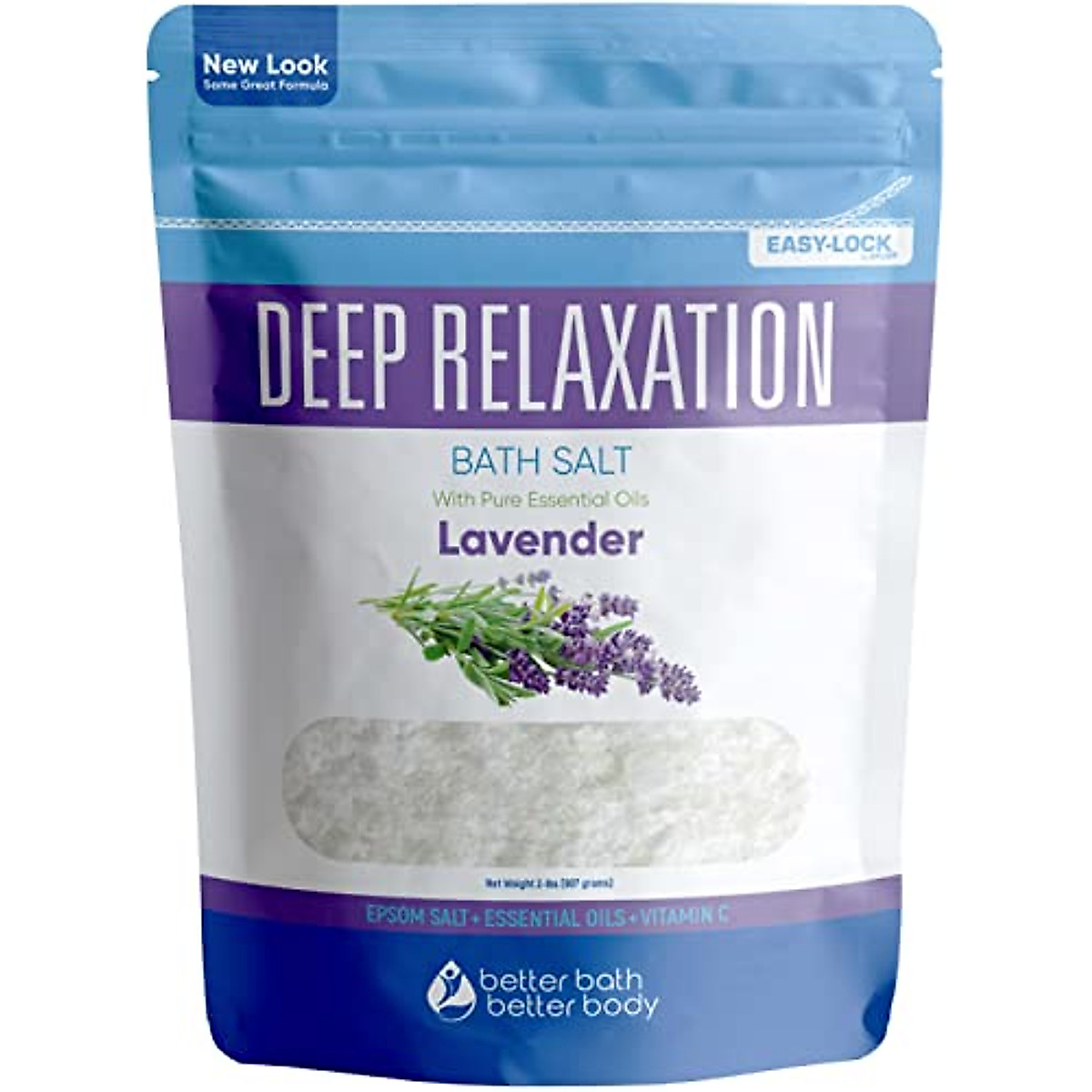 Deep Relaxation Bath Salt 32 Ounces Epsom Salt with Natural Lavender Essential Oil Plus Vitamin C in BPA Free Pouch with Easy Press-Lock Seal