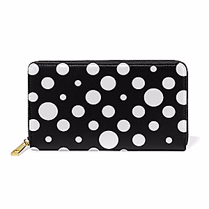 Art Vintage Black White Polka Dot Leather Womens Zipper Wallets Clutch Coin Case