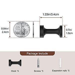 Wall Hook for Hanging - 10LB Decorative Small Hook 0.8" Dia, for Coat, Loofah, Robe, Hat, Key, for Bathroom, Inside Shower, Shelf, Black Matte 5 Pack, Screws Included