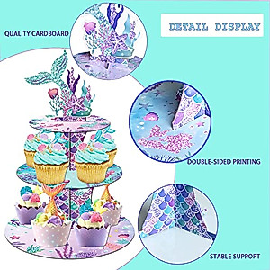 25Pcs Mermaid Cupcake Stand Mermaid Cupcake Toppers and Wrappers 3 Tier Cupcake Stand Holder Mermaid Dessert Table Cake Decor for Wedding, Showers, Birthdays Party Decoraton Supplies