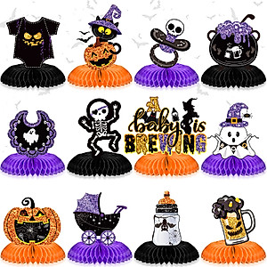 12 Pieces Halloween Baby Shower Decorations Halloween a Baby is Brewing Honeycomb Centerpieces a Baby is Brewing Table Centerpieces for Halloween Gender Reveal Party Favor Supplies (Purple, Black)