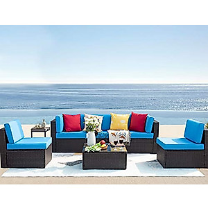 Homall 6 Pieces Patio Outdoor Furniture Sets, Low Back All Weather Rattan Sectional Sofa Manual Weaving Wicker Conversation Set with Coffee Table and Washable Couch Cushions (Blue)