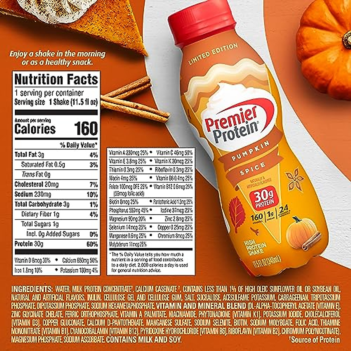 Premier Protein Shake Limited Edition 30g 1g Sugar 24 Vitamins Minerals Nutrients to Support Immune Health, Pumpkin Spice, 11.5 Fl Oz (Pack of 12)