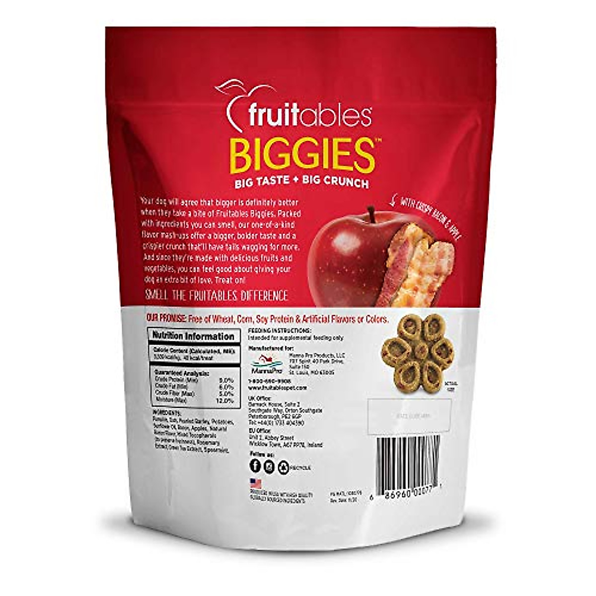 Fruitables Biggies Dog Biscuits – Crunchy Dog Biscuits Made with Pumpkin – Healthy Dog Treats Packed with Real Fruit Flavor – Free of Wheat, Corn and Soy – Crispy Bacon & Apple – 16 oz