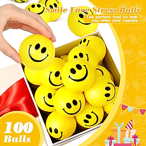 2.5 Inch Smile Face Stress Balls Bulk Happy Smile Stress Relief Balls Mini Funny Foam Balls Kids Smile Face Toys for Teens Adults Carnival Christmas Party Bag Fillers (Yellow,100 Pcs)