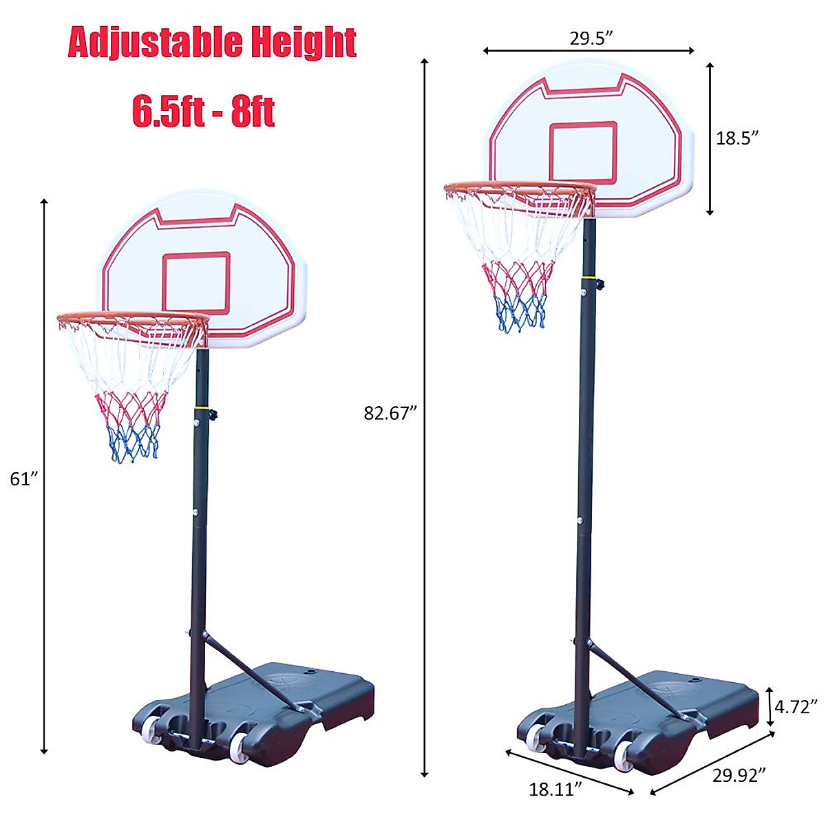 Sibosen Basketball Hoop Outdoor, 6.5-8ft Height Adjustable, Portable Basketball Goal System w/Wheels, 29 Inch Backboard, Swimming Pool Basketball Hoop & Goal for Kids/Adults Indoor