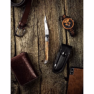 Laguiole Style de Vie pocket knife with sharpening steel, leather pouch and giftbox, zebranowood