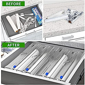 2 in 1 Plastic Wrap Dispenser with Cutter, Acrylic Aluminum Foil and Wax Paper Dispenser with Slide Cutter for Kitchen Drawer, Plastic Wrap Parchment Roll Organizer Holder, Fits 12" Roll, Clear