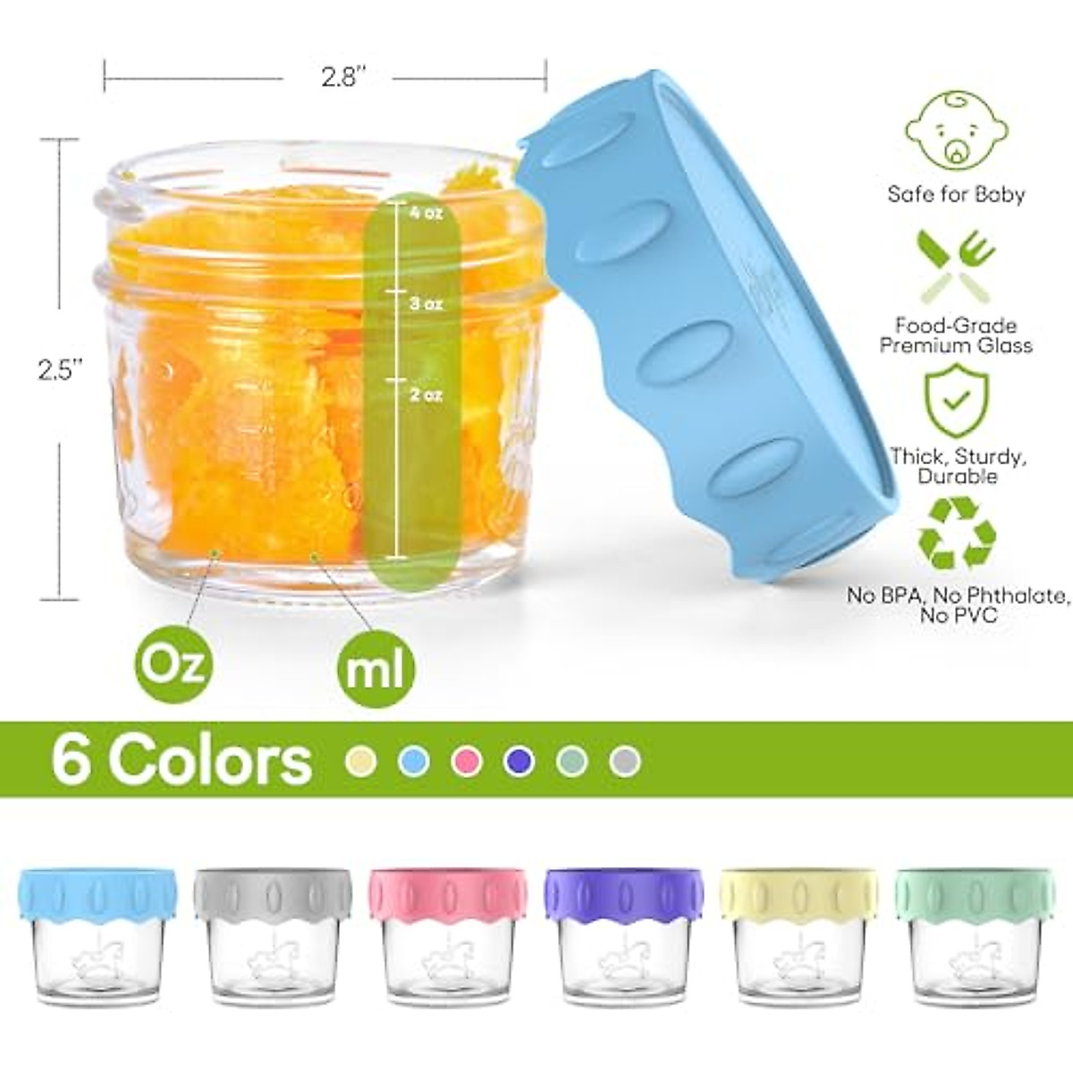 6-Pack Baby Food Storage Containers, 4 Oz Glass Baby Food Jars with Leak-proof Silicone Ring and Lid, Baby Food Containers Freezer Safe for Baby Food Maker, Microwave, Dishwasher