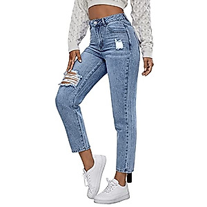 WDIRARA Women's High Waisted Ripped Jeans Distressed Tapered Stretchy Denim Pants Light Wash L