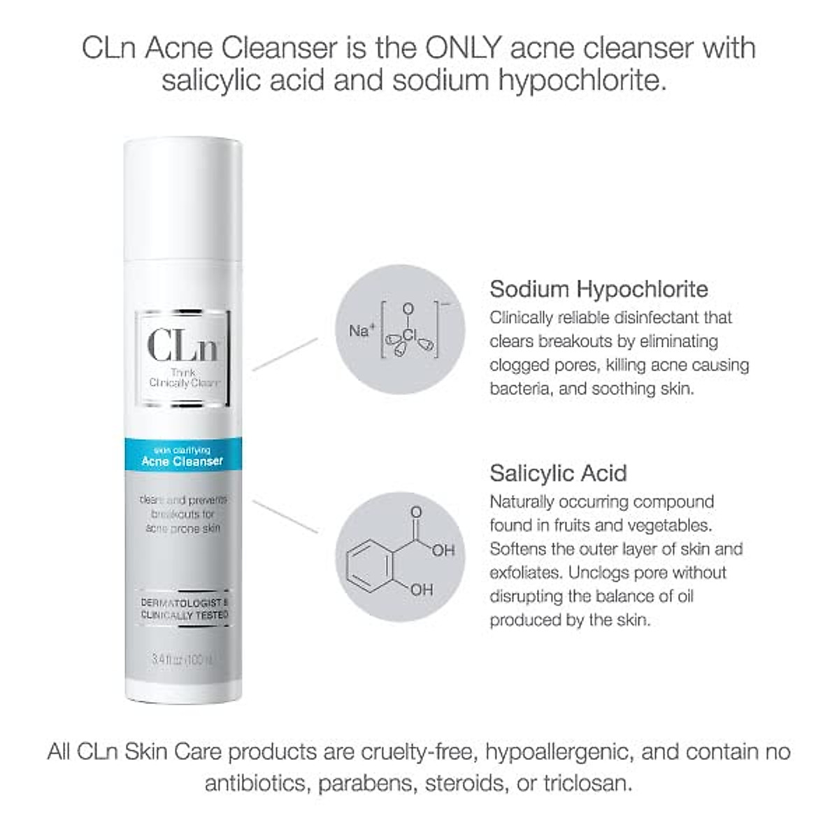 CLn® Acne Cleanser-Facial Cleanser with 0.5% Salicylic Acid to Eliminate Blackheads & Breakouts, Oil-Free & Fragrance-Free, 3.4 fl. oz.