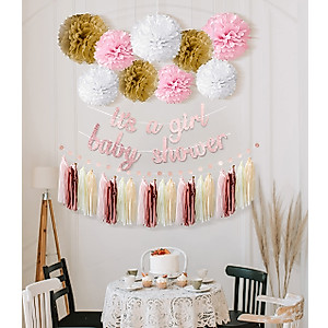Kiwayo Baby Shower Decorations for Girl- Rose Gold Glitter Banner, Tissue Paper Poms, Round Dots Garland and Tassels Garland- Baby Girl Gender Reveal Birthday Party Decorations