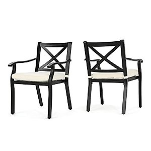 Christopher Knight Home Exuma Outdoor Cast Aluminum Dining Chairs with Water Resistant Cushions, 2-Pcs Set, Black / Ivory