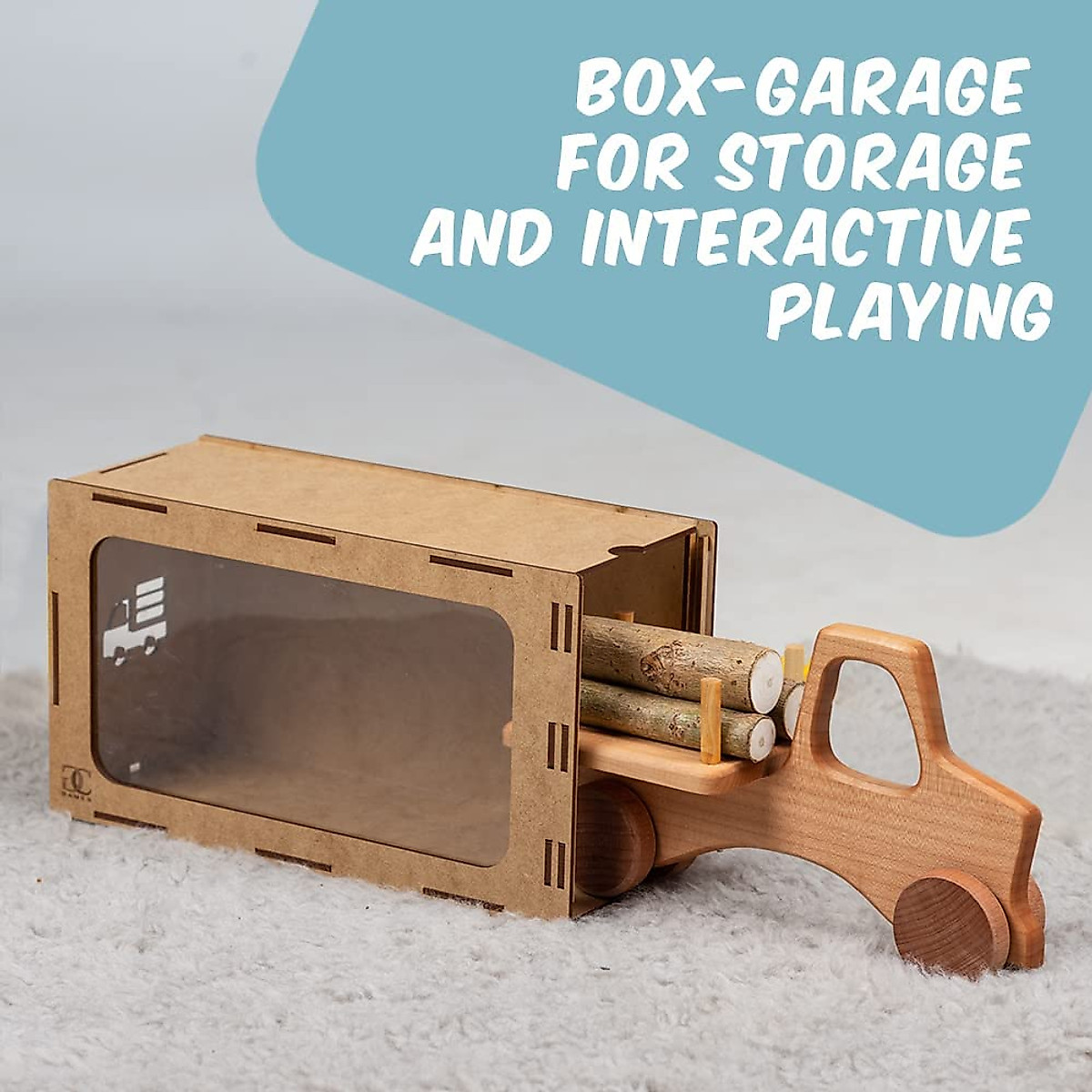 CG Games Wooden Toy Big Truck with Beech Logs and Garage Natural Wood Eco-Friendly Toys for Children Woody Truck Toy Unpainted Durable Wood Car