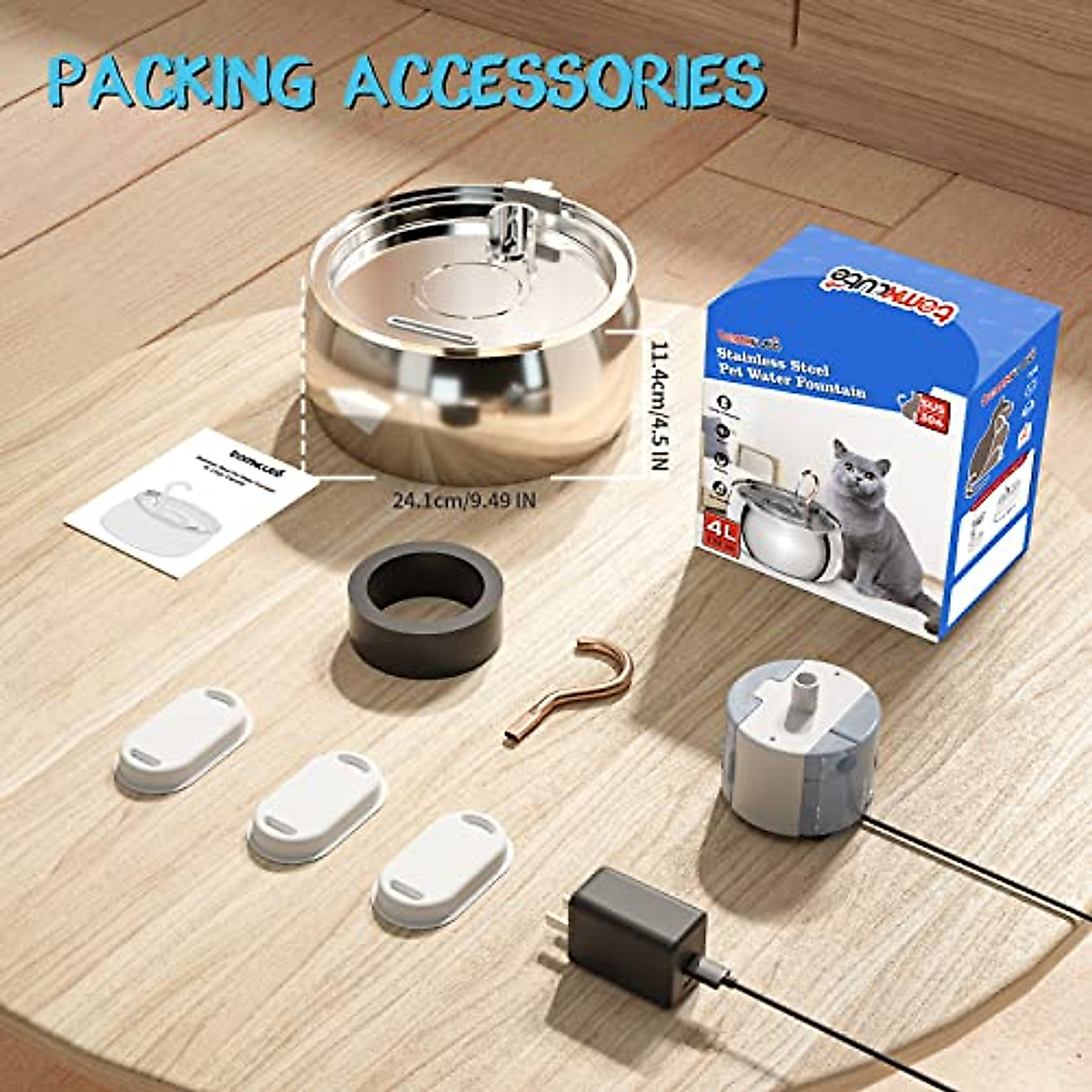 Tomxcute Cat Water Fountain, 4.0L/135oz Automatic Stainless Steel Pet Fountain Dog Water Dispenser, Ultra-Quiet Pump and 3 Replacement Filters & for Cats, Dogs, Multiple Pets…