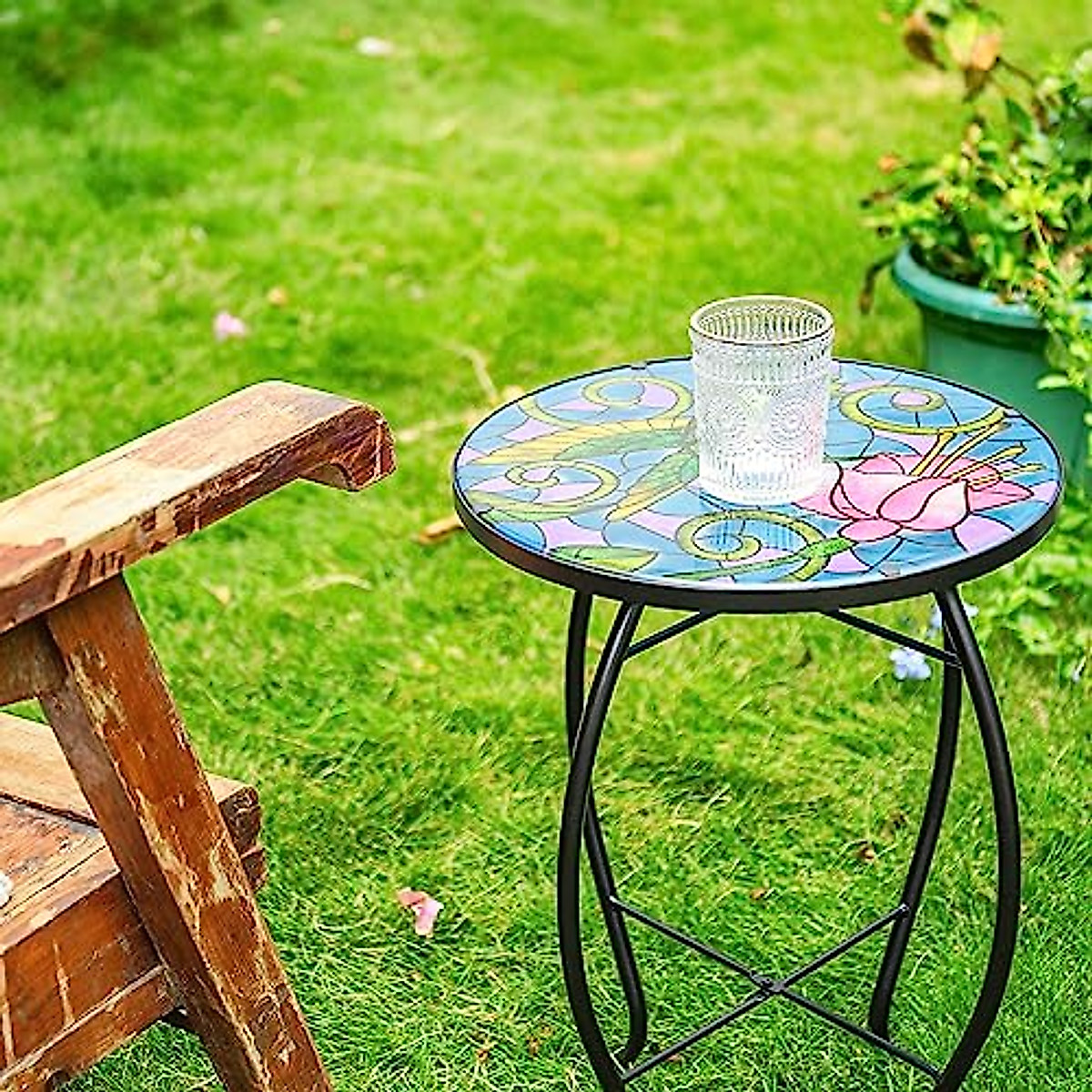 VCUTEKA Mosaic Patio Side Table Outdoor Accent Table Bistro Coffee Table Plant End Table Small Porch Table Indoor Round Glass Balcony Hummingbird Plant Table Stands
