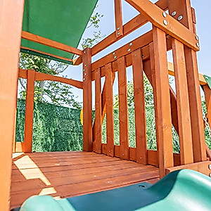 Sportspower Amazon Exclusive Sherwood Wood Swing Set with 3 Swings, Slide, and Covered Deck, Natural/Green