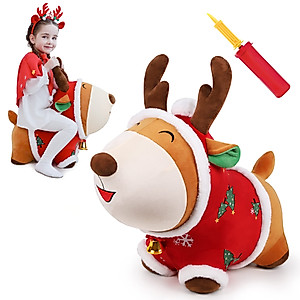 iPlay, iLearn Bouncy Pals Christmas Reindeer Bouncy Horse Toys, Hopping Animals, Inflatable Ride on Hopper, Plush Jumping Bouncer, Birthday Gifts for 18 Month 2 3 4 Year Old Toddlers Boys Girls Kids