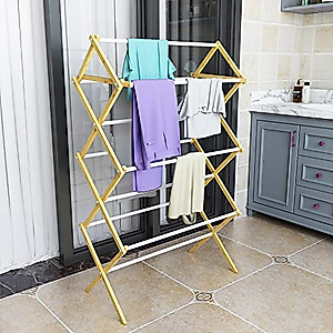 Disracker Folding Clothes Drying Rack Collapsible Bamboo Hanging Clothes Rack Portable Laundry Racks for Drying Clothes with Metal Rod 35 Inch