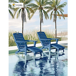 Ciokea Folding Adirondack Chair with Retractable Ottoman Fire Pit Patio Chair with Pull Out Foot Rest Weather Resistant Lawn Outdoor Lounge Chair with 2 Cup Holder (Navy Blue)