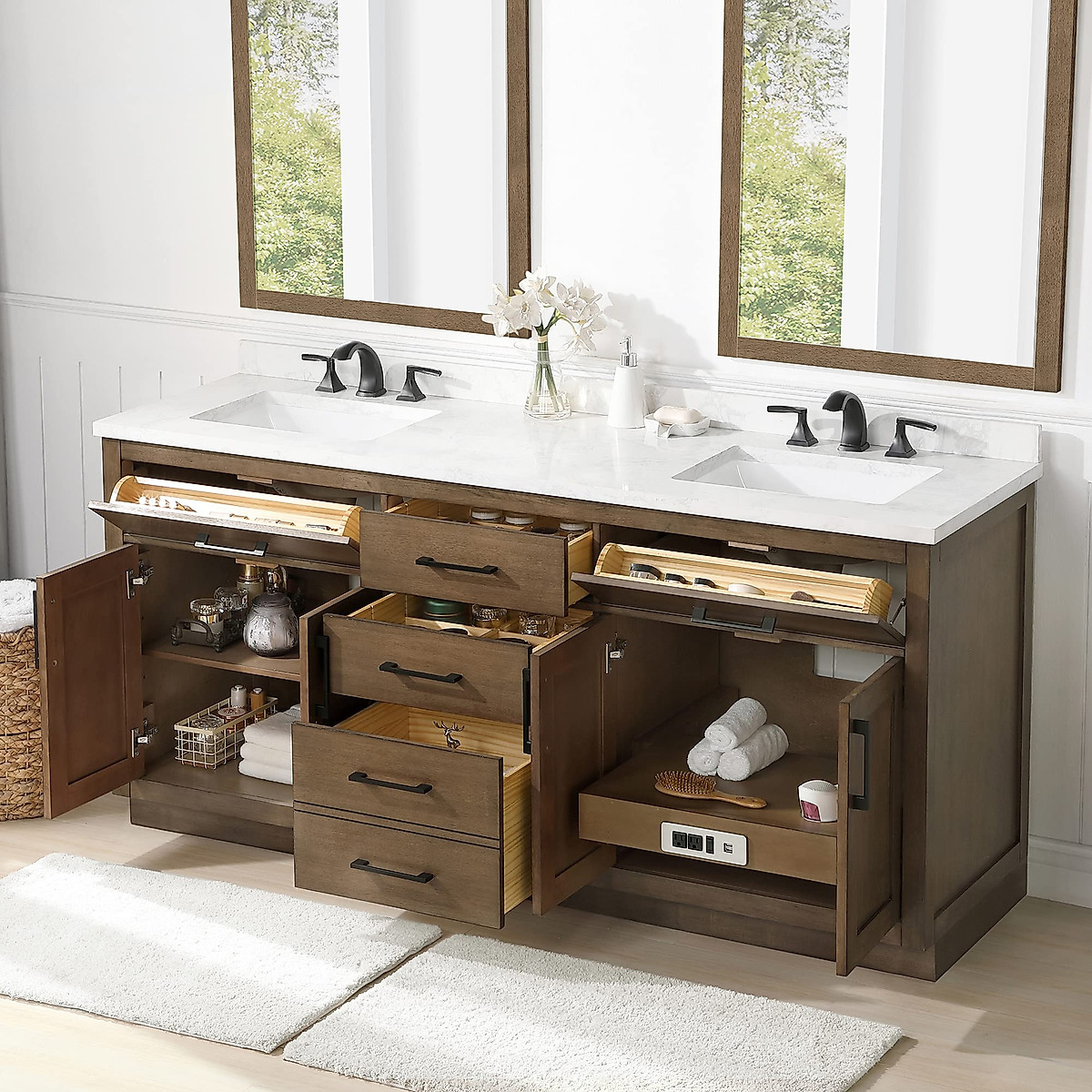 OVE Decors Maya Plus 72 in. Double Sink Bathroom Vanity in Almond Latte Finish, Black Hardware and Included Power Bar