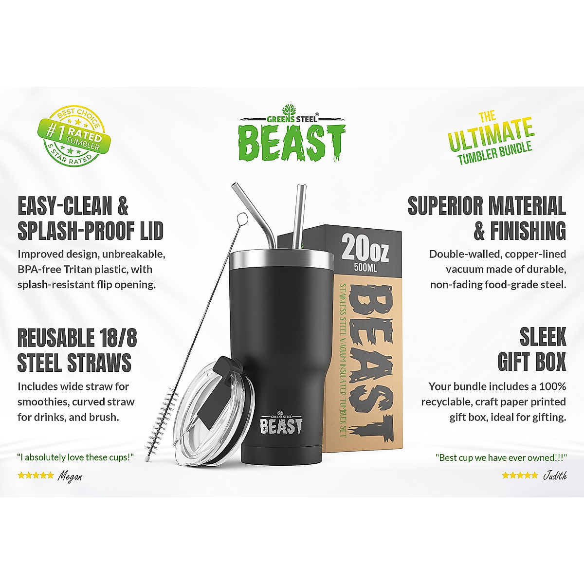 Beast 20 oz Tumbler Stainless Steel Vacuum Insulated Coffee Cup with handle plus 12 oz Stainless Steel Water Bottle (Matte Black)