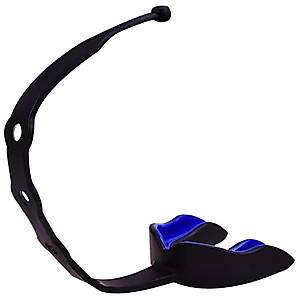 Oral Mart Black/Blue Strapped Youth Mouth Guard for Kids - Sports Mouthguard with Connected Strap for Ice Hockey, Football, Lacrosse, Taekwondo