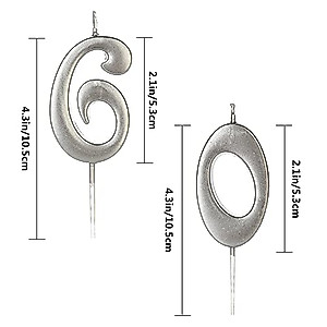 Silver 60th Birthday Candles for Cake, Number 60 6 Glitter Candle Party Anniversary Cakes Decoration for Kids Women or Men