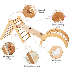 Beright 4 in 1 Pikler Triangle Gym, Montessori Foldable Climber with Ramp, Indoor Climbing Toys for Kids, Climbing Triangle for Toddlers Arch Climber, Rocker, Learning Waldorf Toy Structure, Natural
