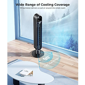 Azonanor Tower Fan for Bedroom, 90° Oscillating Standing Bladeless Fan with Remote, 12H Timer, 3 Speeds Max 28ft/s, 3 Modes, LED Display Floor Fans Works with Tuya/Smart Lift