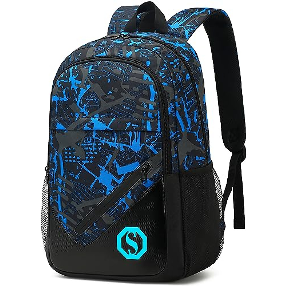 Backpack for Kids Boys Elementary Bookbag 17 Inch Middle School Bag Primary Waterproof Rucksack for Teens Travel Fits Ages 6+ YO（Graffiti-Blue Black)