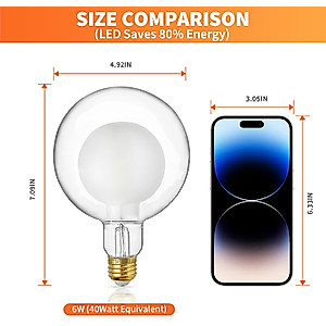ALAMPEVER Large Globe LED Light Bulbs, Decorative Dimmable LED with 6W Equivalent to 40W Light Bulbs, 2700K Soft White, E26 Base,400LM,CRI90,G125,Frosted