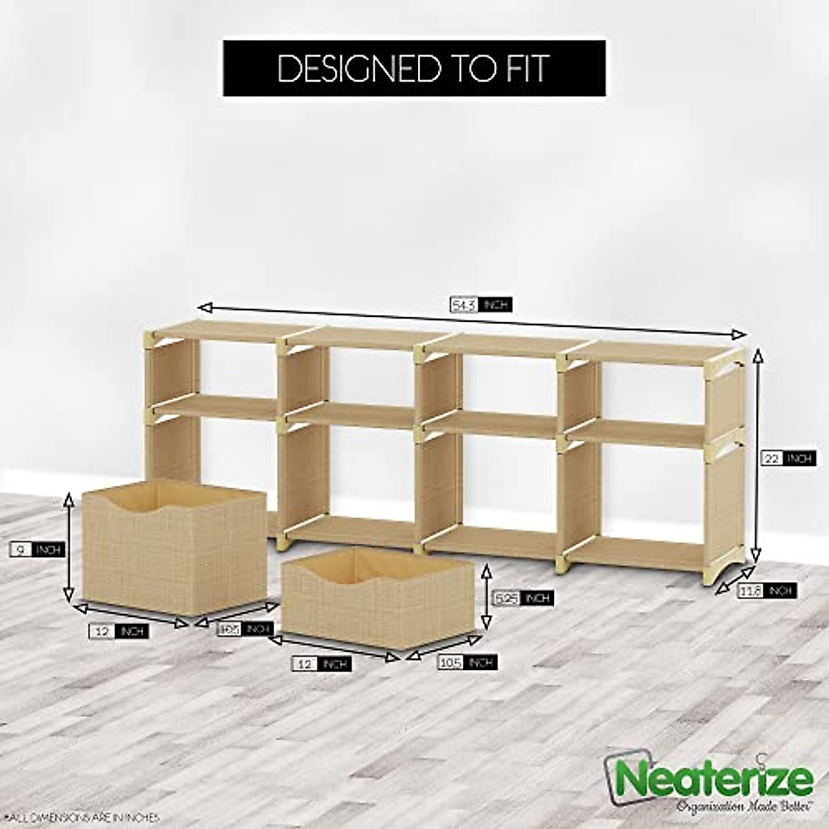 Closet Organizer and Storage Unit. Includes 8 Fabric Storage Bins. DIY Organizer Shelf For Clothes, Toys, Underhanging Closet Storage. Used in Closet, Hallway and Bedroom. (Beige)