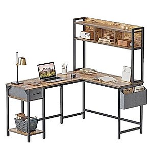 CubiCubi L Shaped Desk with Hutch, 58" Corner Computer Desk with Drawer,Home Office Gaming Table Workstation with Storage Bookshelf, Rustic Brown