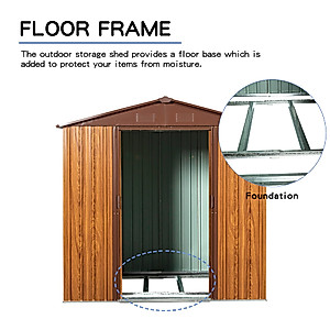 RITSU 6ft x 6ft Outdoor Metal Storage Shed with Metal Floor Base,Metal Storage Cabinet with Sliding Doors, Large Garden Shed Outdoor Utility Tool Shed with Pent Roof for Backyard Lawn, Coffee