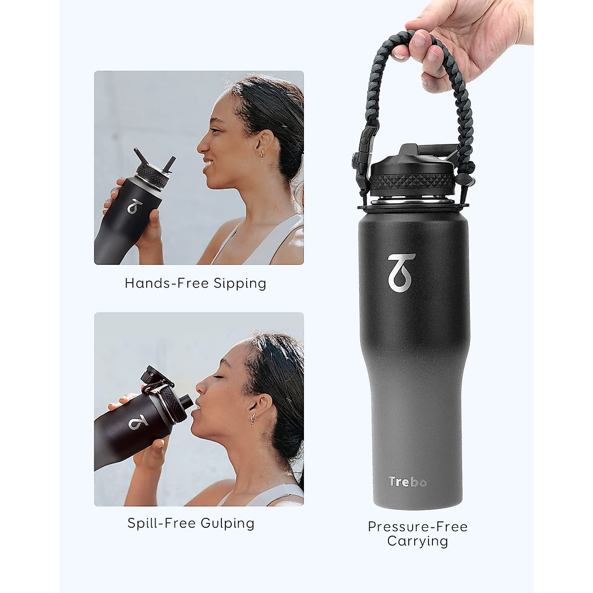 Trebo Water Bottle 32oz with Paracord Handle,Food-grade Double Wall Vacuum Stainless Steel Insulated Tumbler Flask with Straw Spout Lids,Leakproof Keep Cold & Hot,Fit in Any Car Cup Holder,Dark Gray