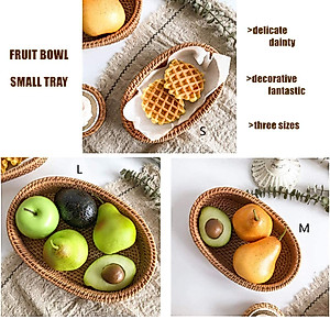 amololo 3 Pack Oval Woven Basket Trays, 11 Inch Rattan Storage Tray with 2 Inch Raised Sides, Catch All Dish, Decorative Wicker Serving Baskets Organizer Tray for Bread, Fruit, Food, Brown S, M, L