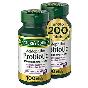 Nature’s Bounty Acidophilus Probiotic, Daily Probiotic Supplement, Supports Digestive Health, Twin Pack, 200 Tablets