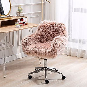 KCC Fluffy Office Desk Chair, Faux Fur Modern Swivel Armchair with Wheels, Soft Comfy Fuzzy Elegant Accent Makeup Vanity Chairs for Women Girls, Home Living Dressing Room Bedroom, Pink