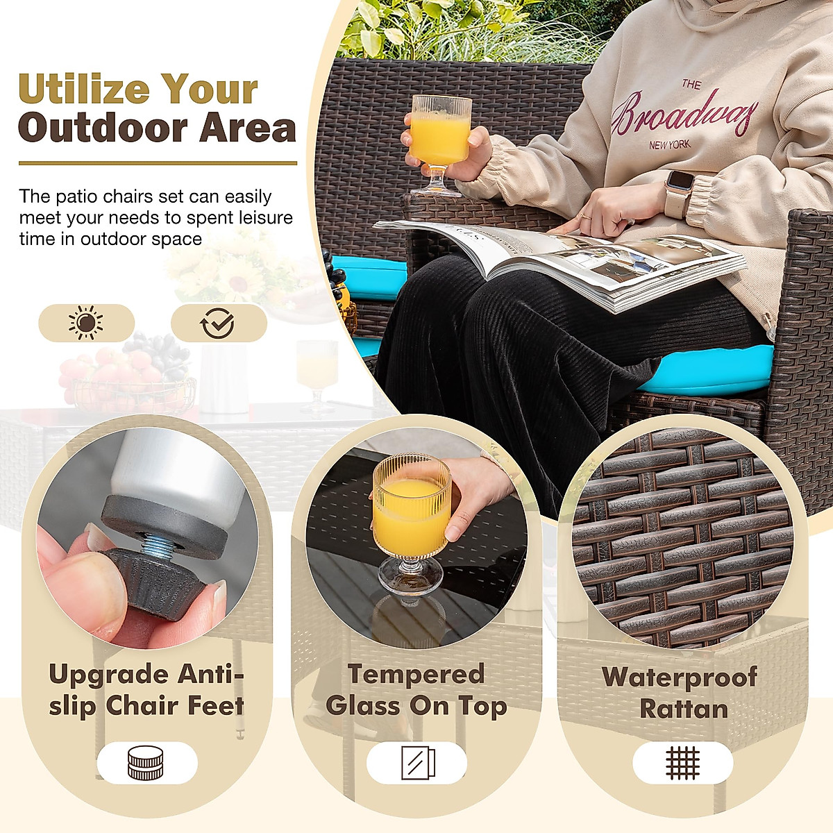 Homall 4 Pieces Patio Rattan Chair Wicker, Outdoor Indoor Use Backyard Porch Garden Poolside Balcony Furniture Sets (Blue)