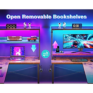 AODK L Shaped Desk Gaming Desk with LED Light & Power Outlet, 53 Inch Reversible L Shaped Computer Desk with Shelf, Corner Desk with Storage Bag&Hook for Home Office Desk, Vintage