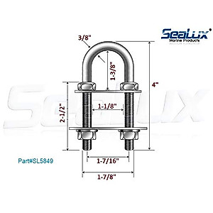 SeaLux Marine Boat Bow Eye Stern Eye U Bolt Tie Down 3/8" Stock, 4" Overall Length, 2-1/2" Thread Length with Hex Nuts and washers-SL878805849