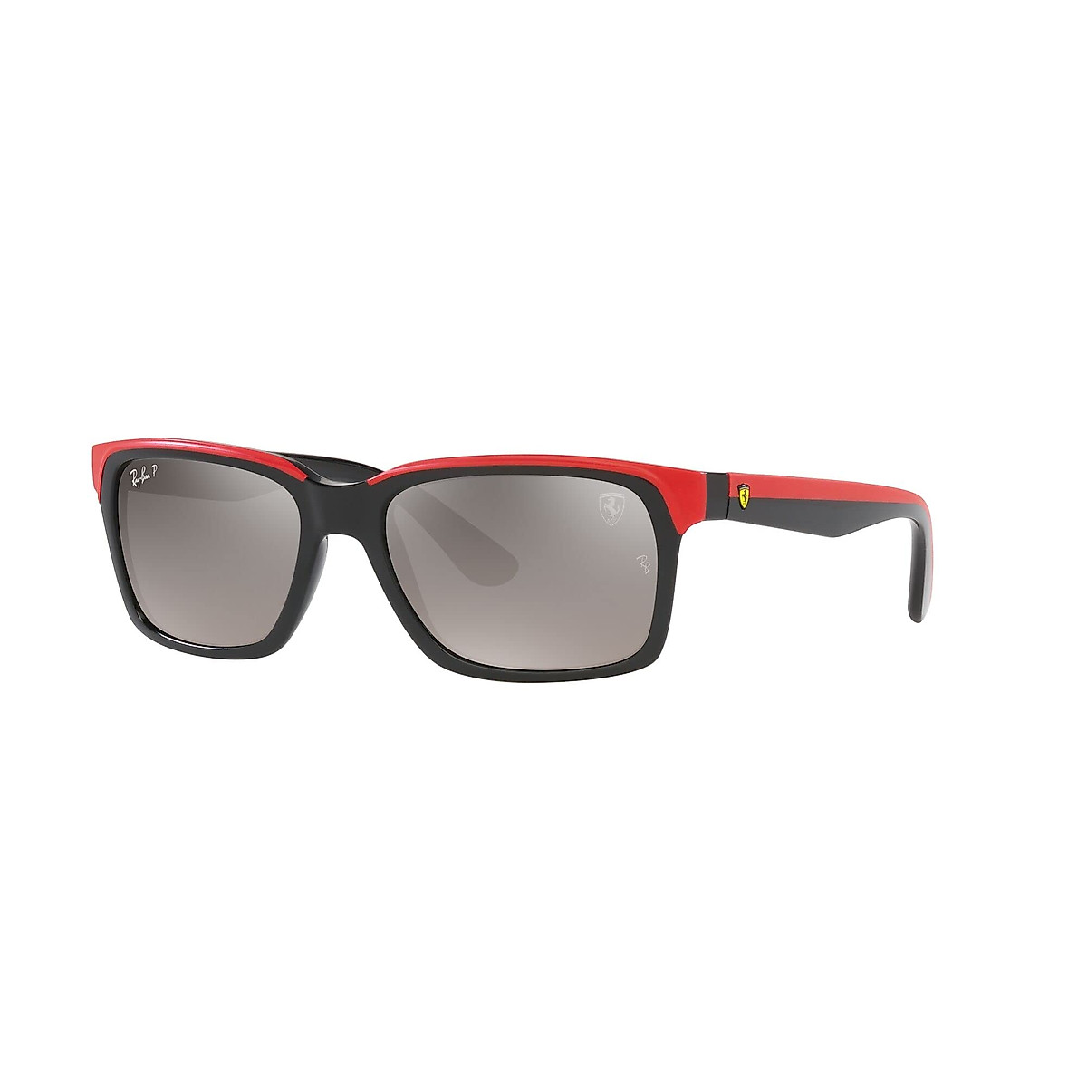Ray-Ban RB4393M Scuderia Ferrari Collection Rectangular Sunglasses, Black on Rubber Red/Grey Mirrored Gradient Polarized, 56 mm