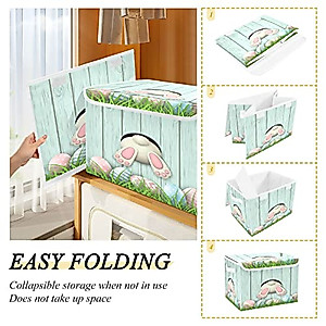 Storage Bins with Lids Foldable Storage Baskets Storage Cubes Collapsible Closet Organizer Containers with Cover Easter Bunny White Rabbit Eggs on Green Wooden for Home Office Organizer Closet, Shelv