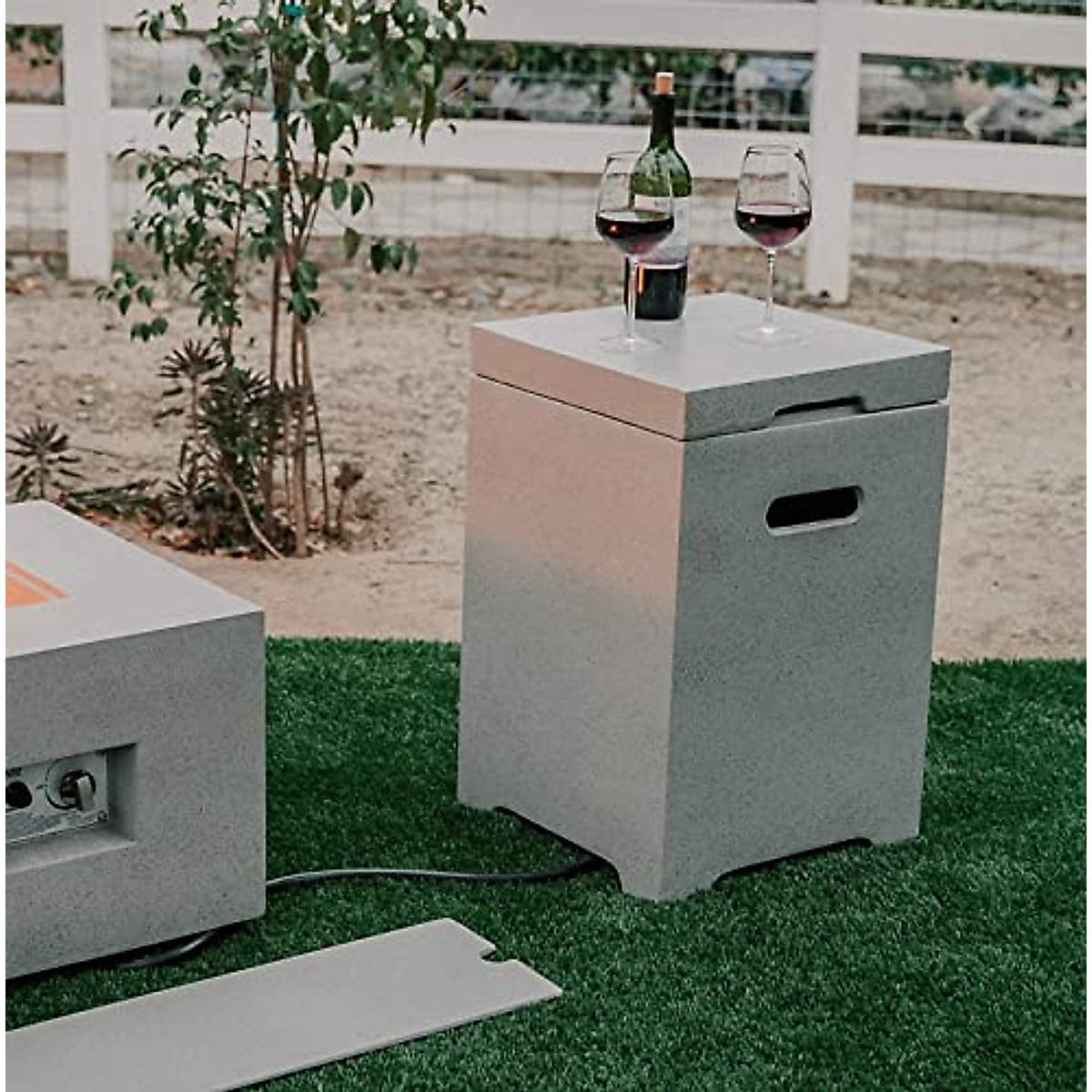 Kante 23.6" H Square Light Gray Eco-Friendly Concrete/Metal Outdoor Patio Backyard UV and Weather Resistant Modern Propane Tank Cover Storage Box for Gas Fire Pit, Hideaway Side Table,RMFP-T01-81904